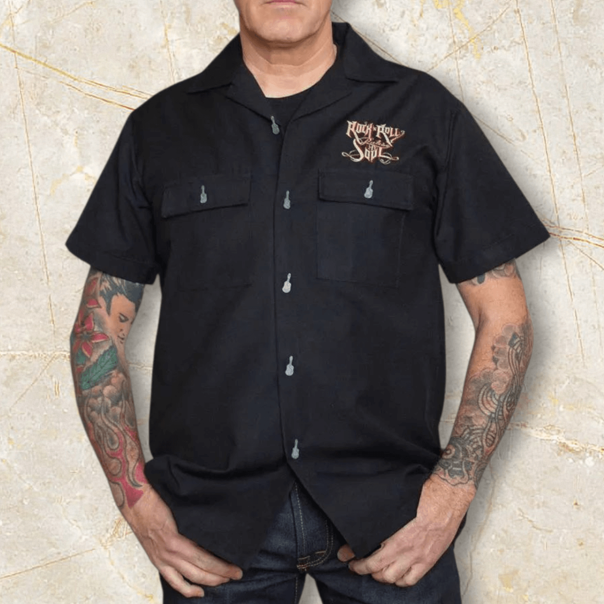 Black Rock n Roll Work Shirt - Embroidered Guitar Buttons | BlackHut ...